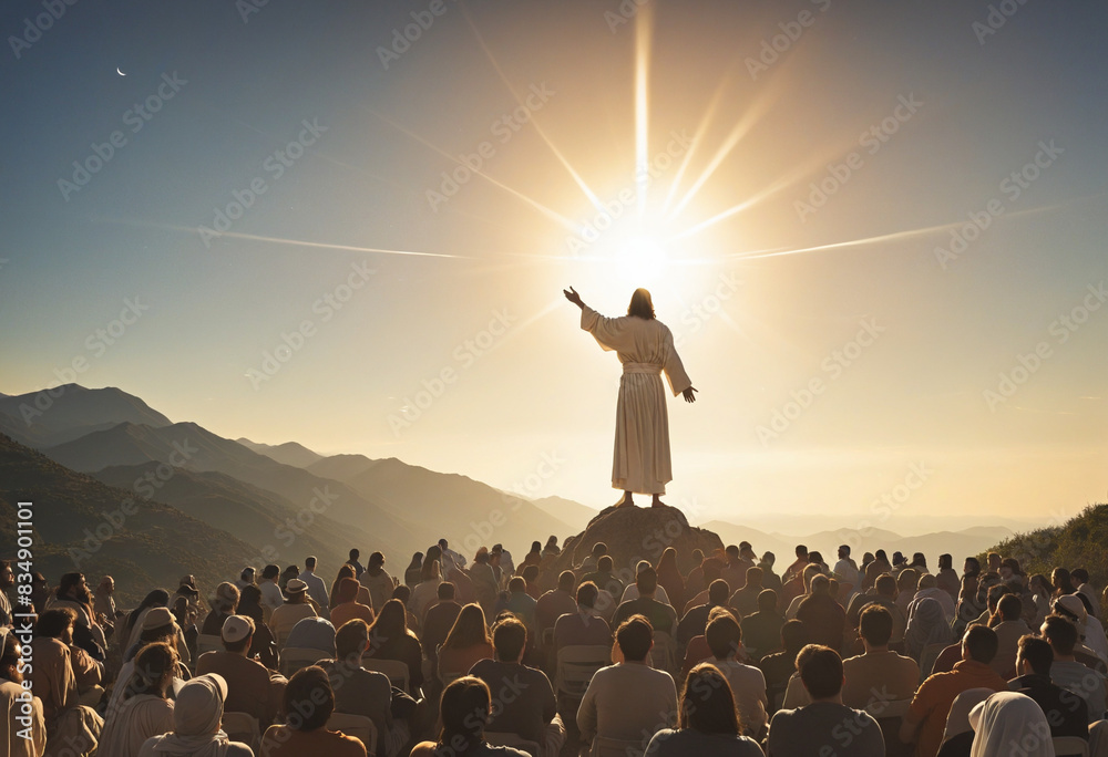 Jesus Christ delivering a powerful message to a large gathering on a ...