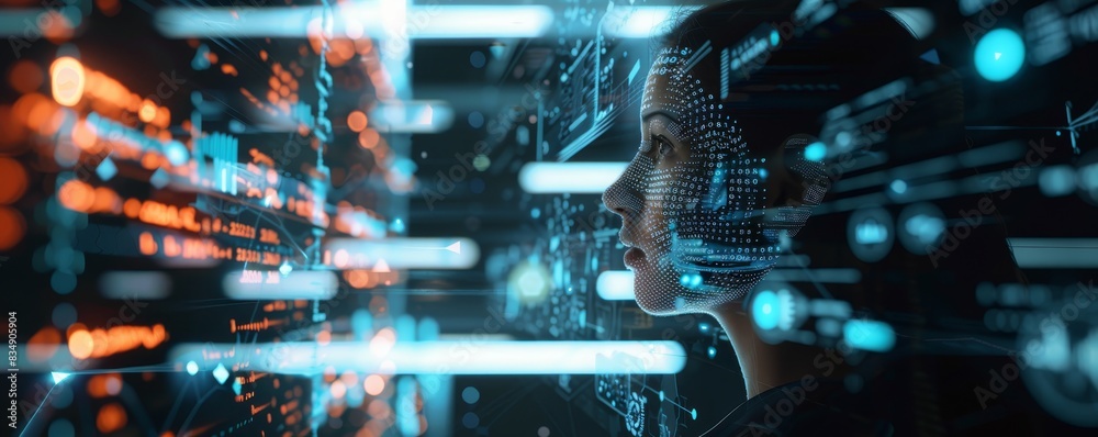 Futuristic depiction of a feminine profile immersed in digital ...
