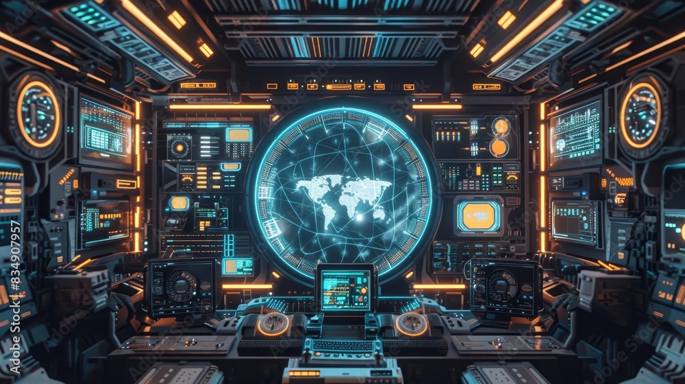 High-tech futuristic control room with advanced screens, glowing interface, and a glowing world ...