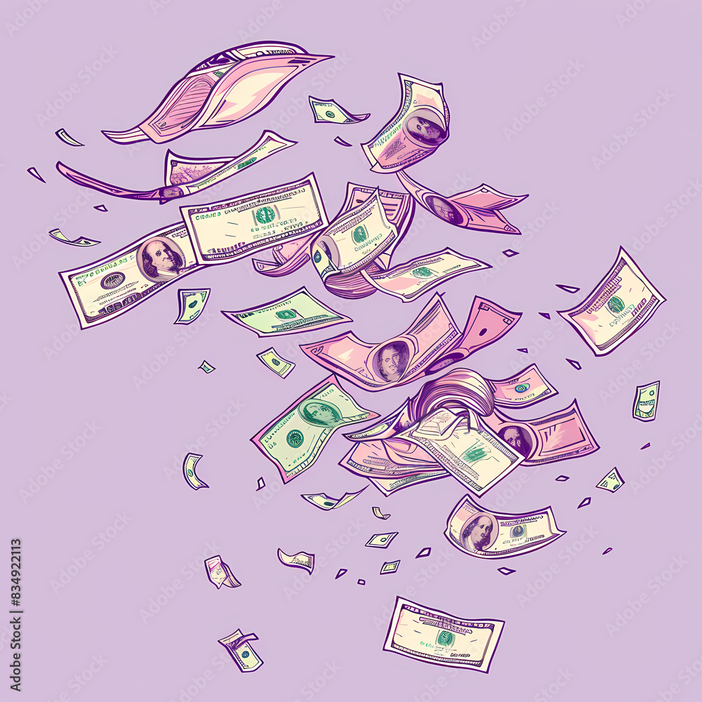 Flying Money Illustration from Front on Pale Purple Background - Wealth ...