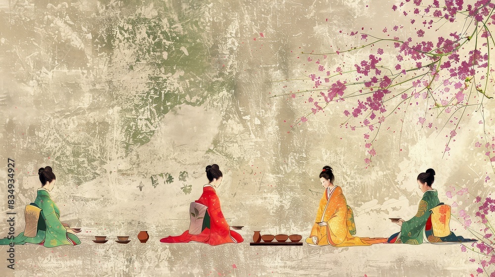Elegant illustration of a traditional Japanese tea ceremony with women ...
