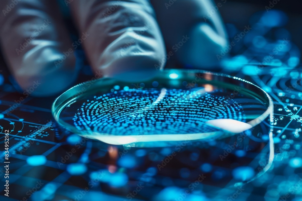 A forensic scientist analyzing fingerprints under a magnifying glass ...