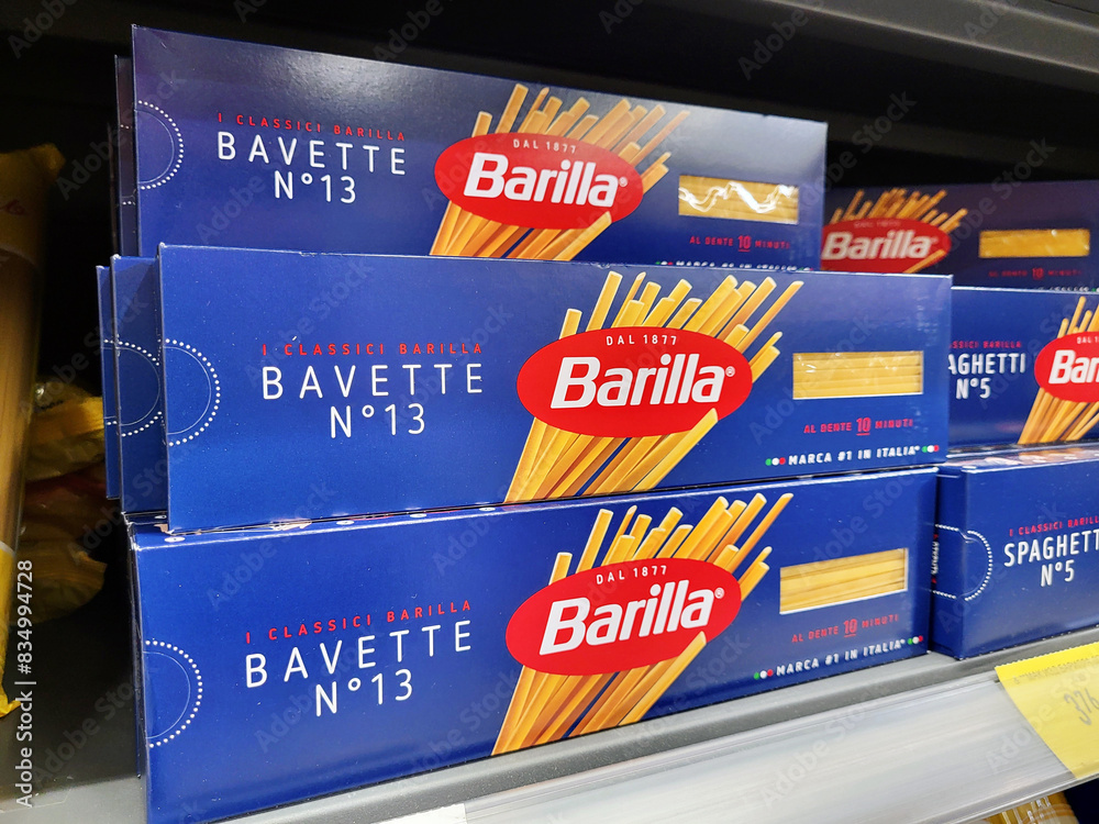 Minsk, Belarus. May 8, 2024. Packages of Barilla pasta Bavette №13 on ...