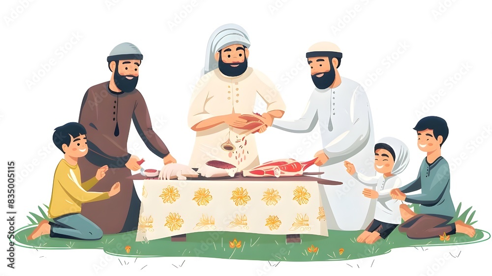 Eid al Adha greeting card. muslim family sharing the meat of ...
