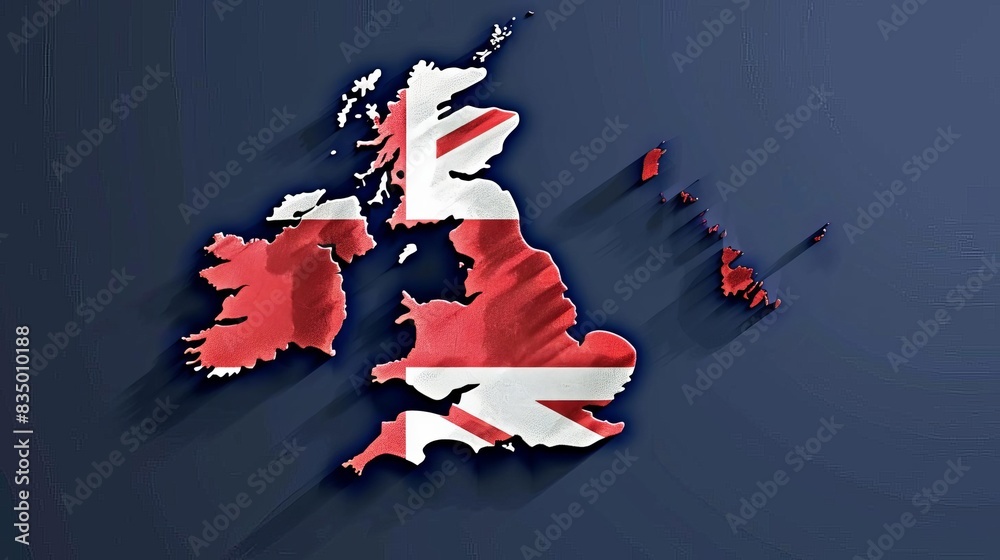 minimalist great britain map silhouette with union jack flag colors ...