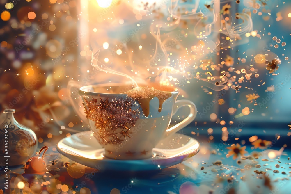 Create a magical coffee scene with beautiful elements and imaginative ...