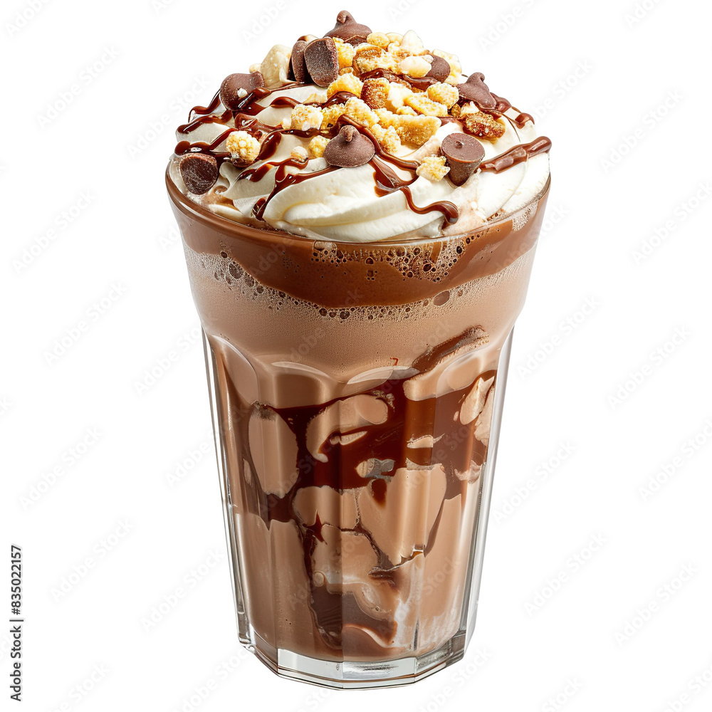 Extreme front view of indulgent Nutella hot chocolate in a tall dessert ...