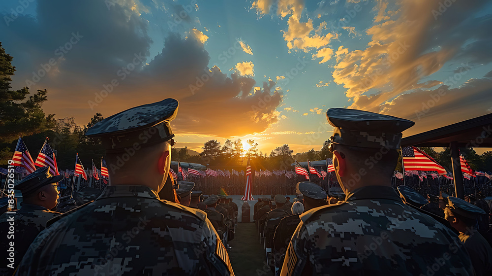 Memorial Day ceremony with military officers saluting the flag ...