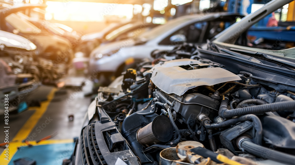 Automotive repair shop filled with cars, with a focus on an open car ...