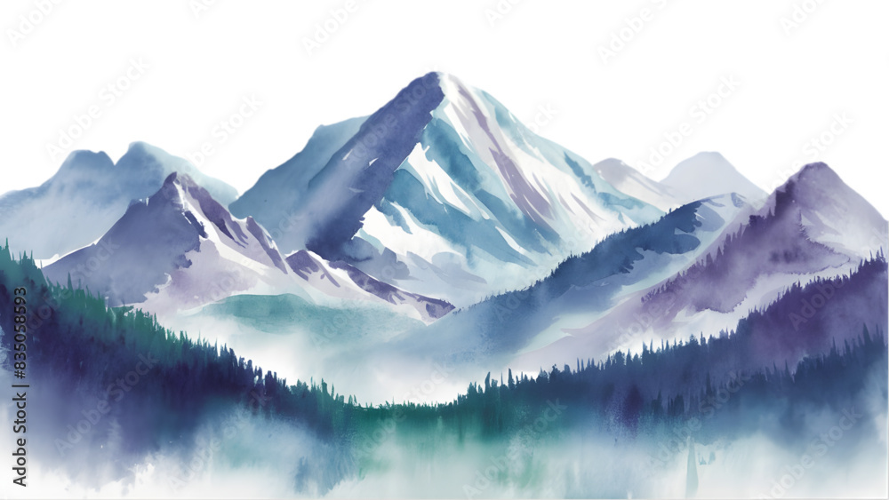 Watercolor Mountain Landscape Vector Illustration on Transparent ...