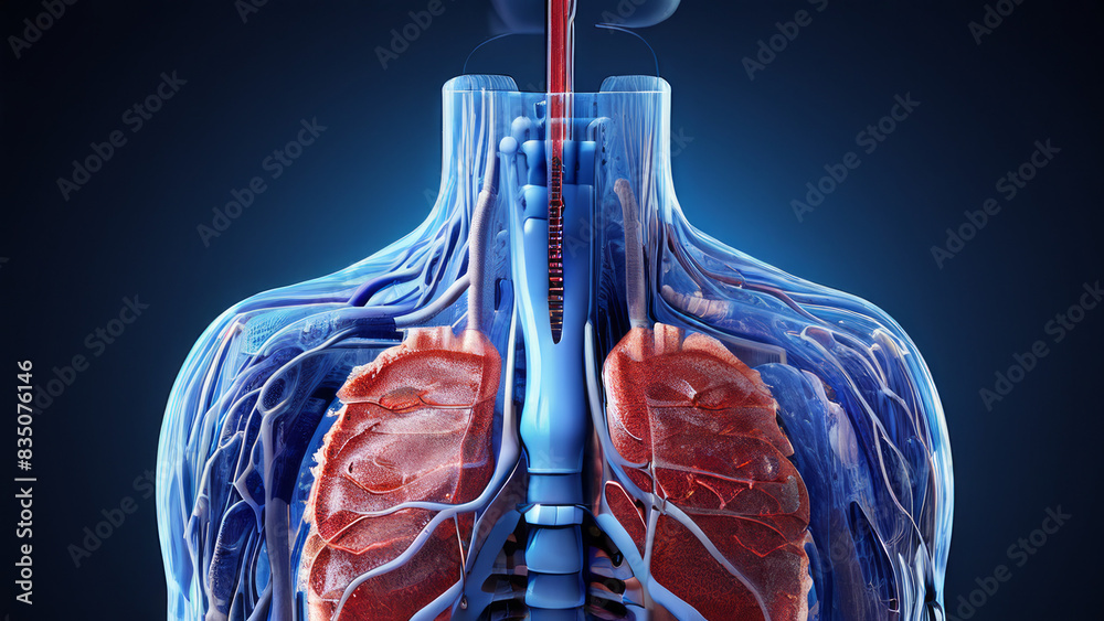 This is a detailed anatomical model of the human lungs. It is cut in ...