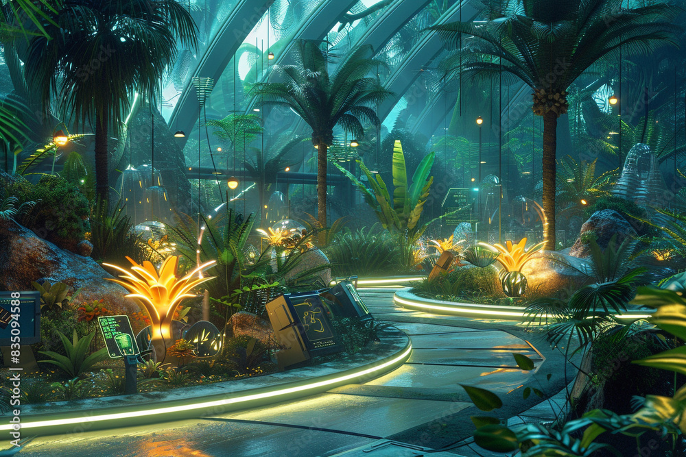 A futuristic botanical garden with bio-engineered plants glowing softly ...