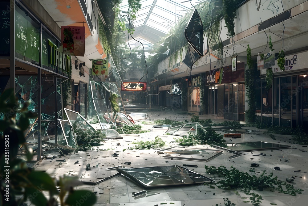 Abandoned and Overgrown Shopping Mall Interior with Shattered Glass and ...