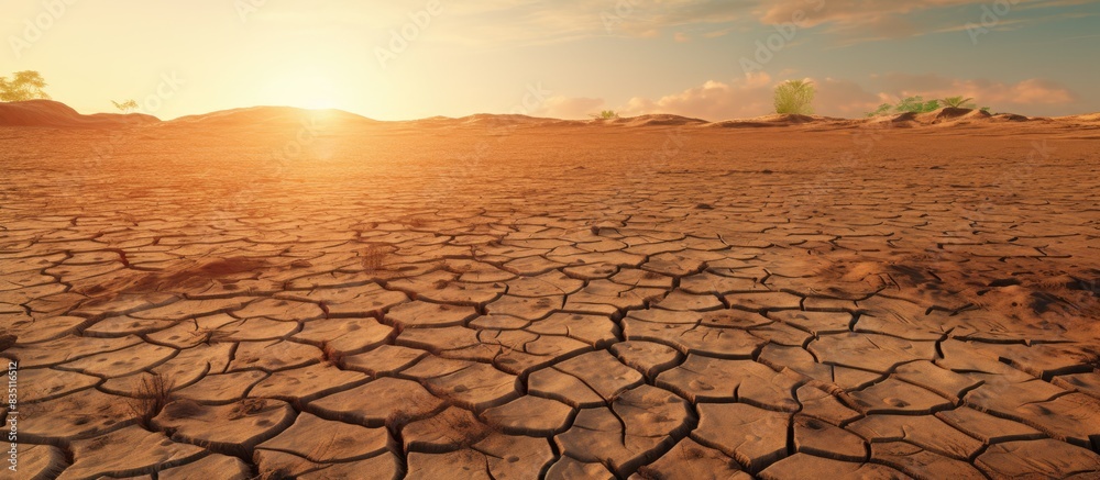 Baked soil under the scorching sun creates an arid terrain with a lack ...