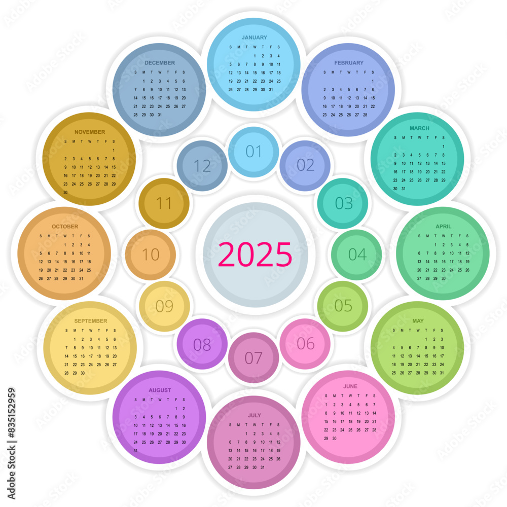 Calendar circle, spiral, planner for 2025. Vector Stationery Design ...