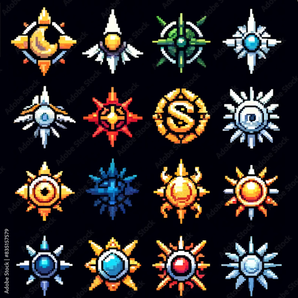 Pixel Art RPG Sun Emblems Sprite Sheet Stock Illustration | Adobe Stock