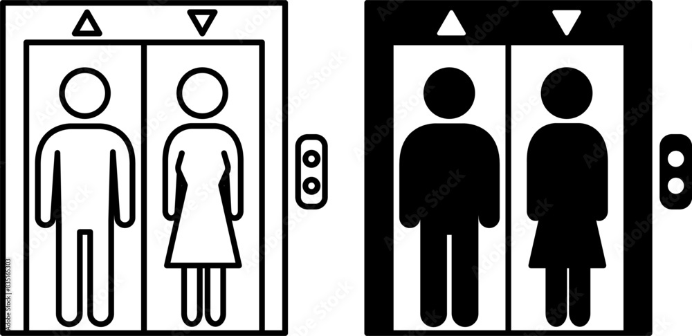 Elevator icons. Black and White Vector Icons. Man and Woman in an ...