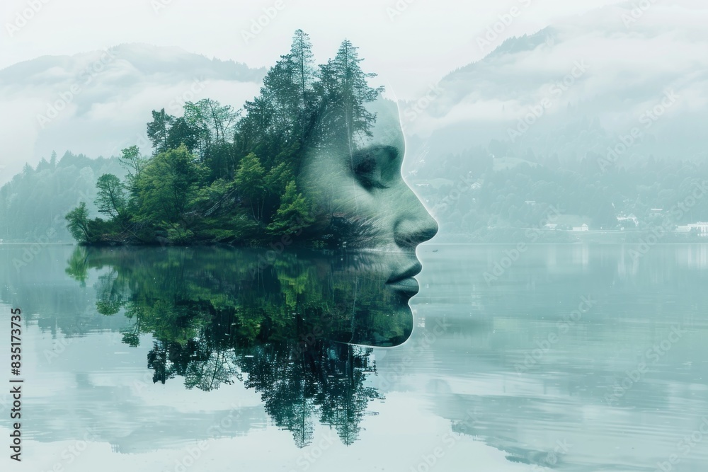 A reflective double exposure image blends a mans face with a serene ...