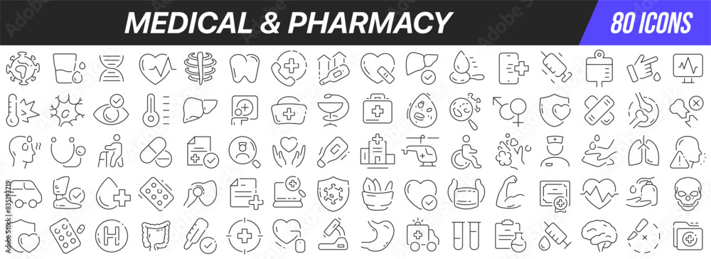 Medical and pharmacy line icons collection. Big UI icon set in a flat ...
