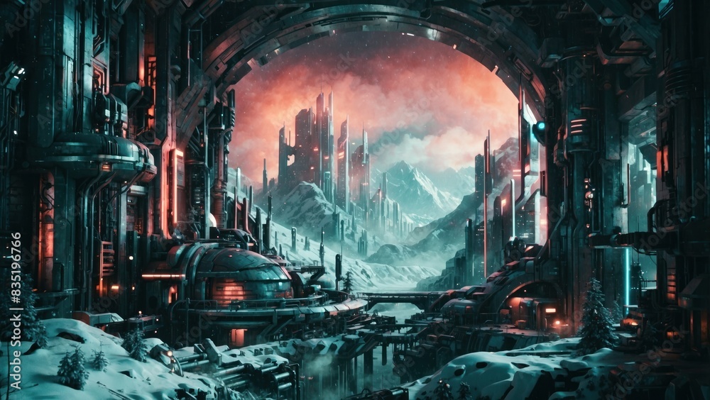 Game art showing cyber technical layout of buildings constituting a ...