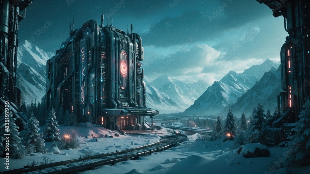 Game art showing cyber technical layout of buildings constituting a ...