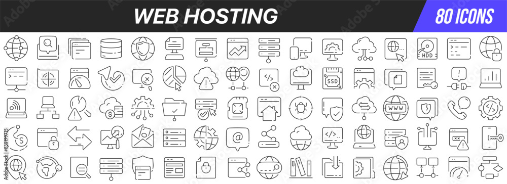 Web hosting line icons collection. Big UI icon set in a flat design. Thin outline icons pack ...