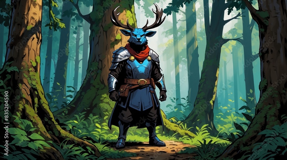 Cartoon illustration of a deer warrior in the forest Stock Illustration ...