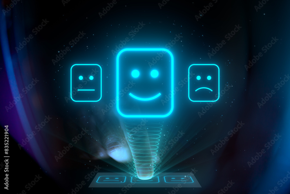 Finger presses a happy face icon among neutral and sad faces in a ...