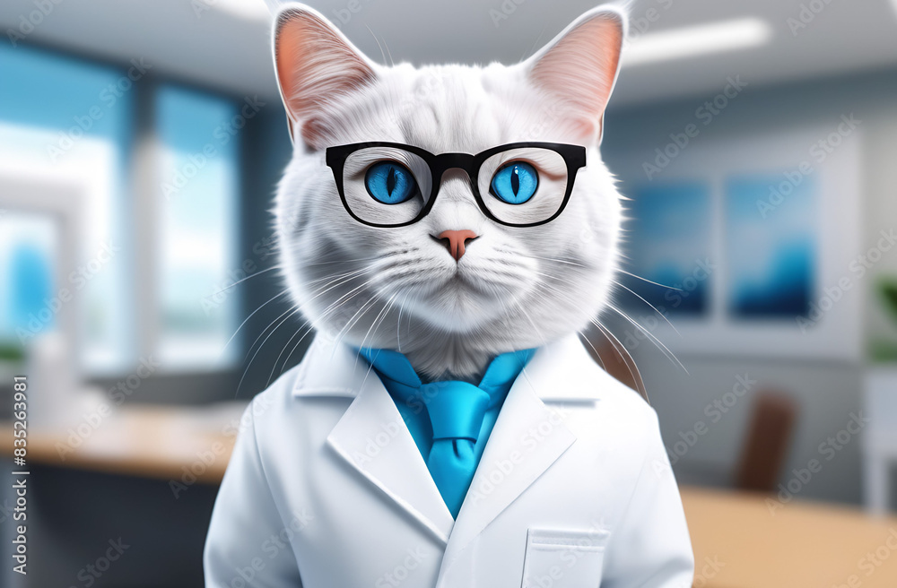 Cute cartoon character, white cat doctor or veterinarian in medical ...