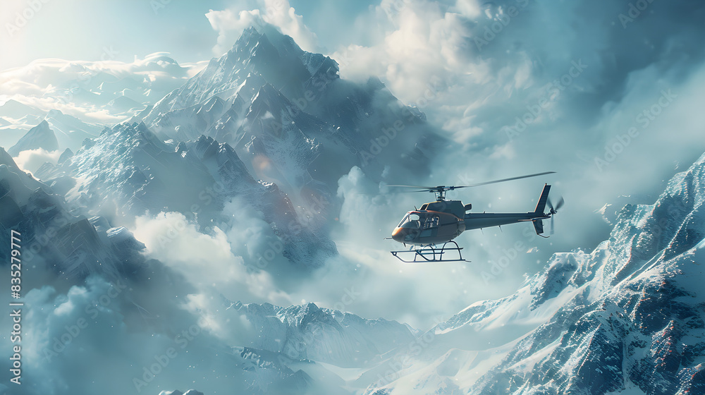 A helicopter flying high above the mountains, creating a sense of ...