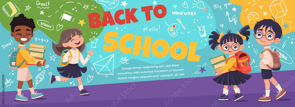 Welcome Back to school banner with cute pupils in school uniform ...