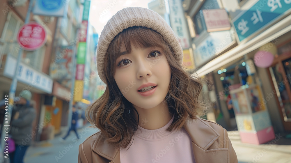 Thai young female Vlogger talking to the viewer. The background ...