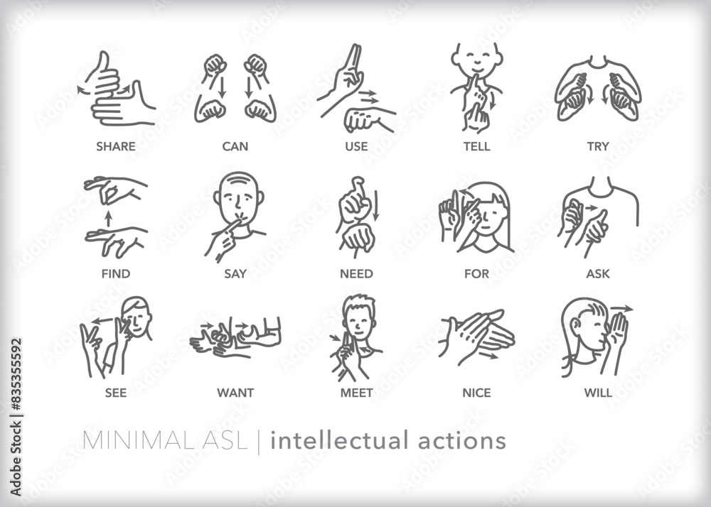 Set of line icons depicting American Sign Language (ASL) communication ...