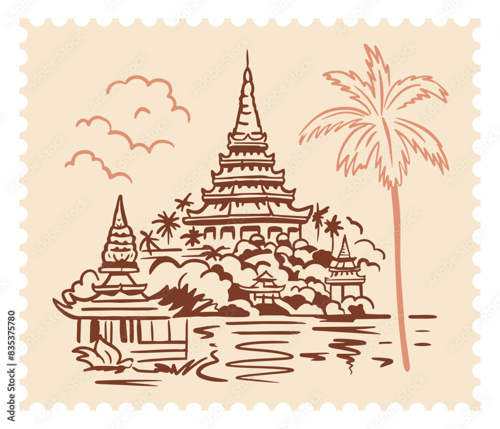 Temple in Bali. Nature of Indonesia, postage stamp. Vector illustration ...