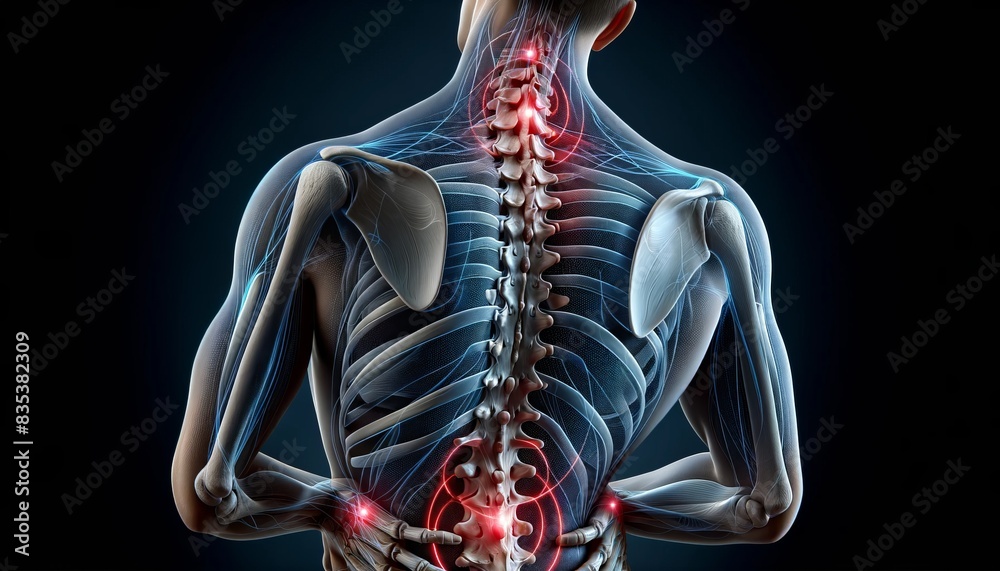 Medical illustration of human back highlighting spinal pain points ...