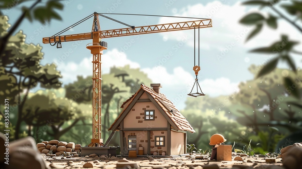 Detailed miniature house being built with a crane, lush background ...