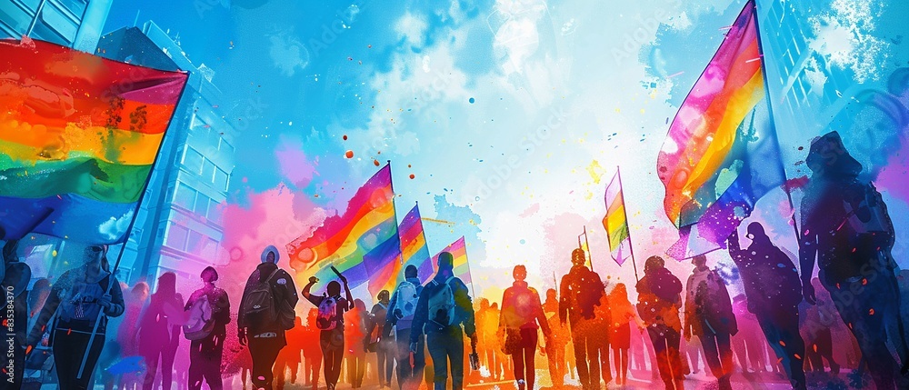 March with rainbow flags and diverse participants, pride parade ...