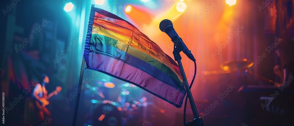 Closeup of a rainbow flag and vintage mic on stage, vibrant concert ...