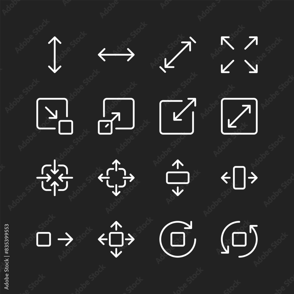 Size icon set, white lines on black background. Explore measurement and ...