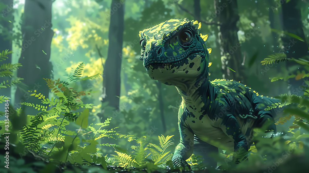 cute baby Shunosaurus feeding on leaves from tall trees in a dense ...