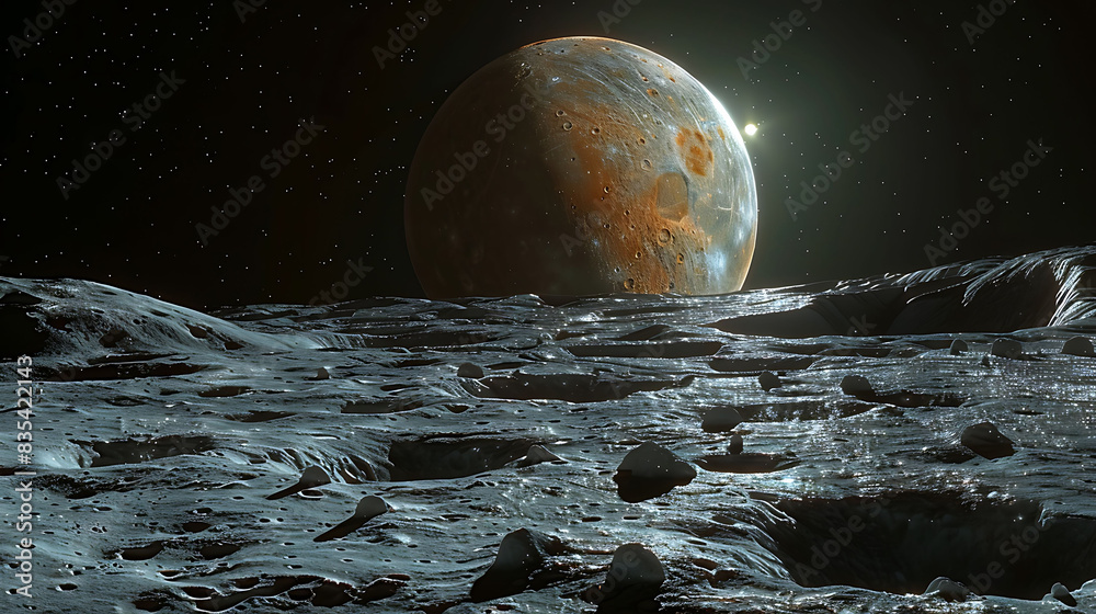 detailed closeup of the surface of Charon Pluto's largest moon with Pluto faintly visible in the ...