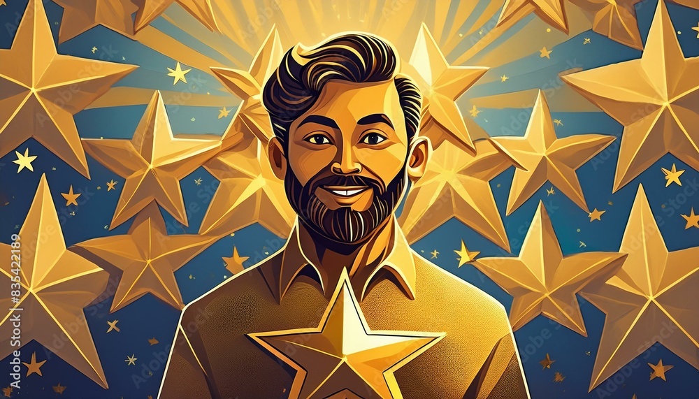 Gold five star rating trophy success award symbol, background of best ...