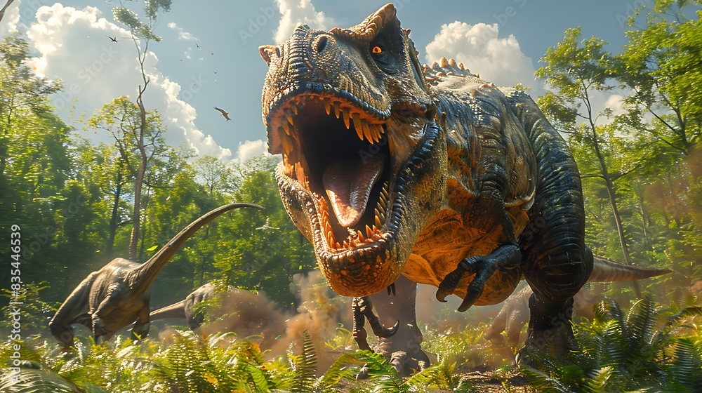 male Tyrannosaurus rex roaring fiercely in a prehistoric jungle with ...