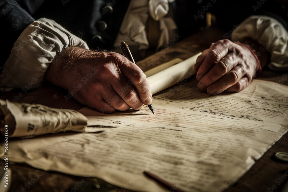 Signing an ancient letter of great historical value, with elegant ...