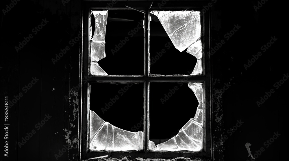 shattered broken glass house window with hole on black background, for ...