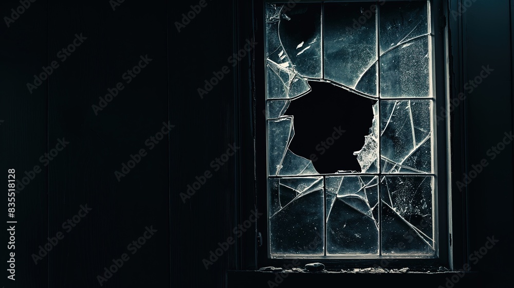 shattered broken glass house window with hole on black background, for ...