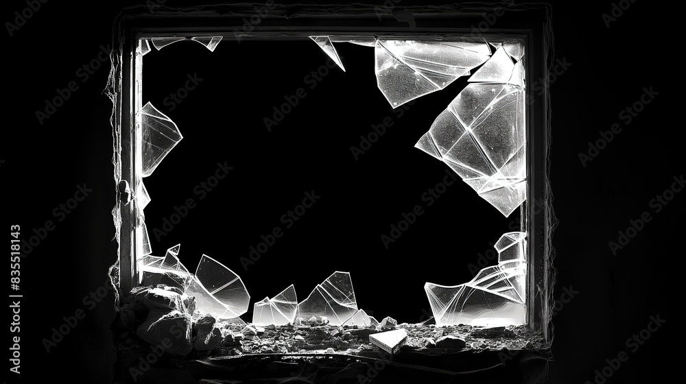 shattered broken glass house window with hole on black background, for ...