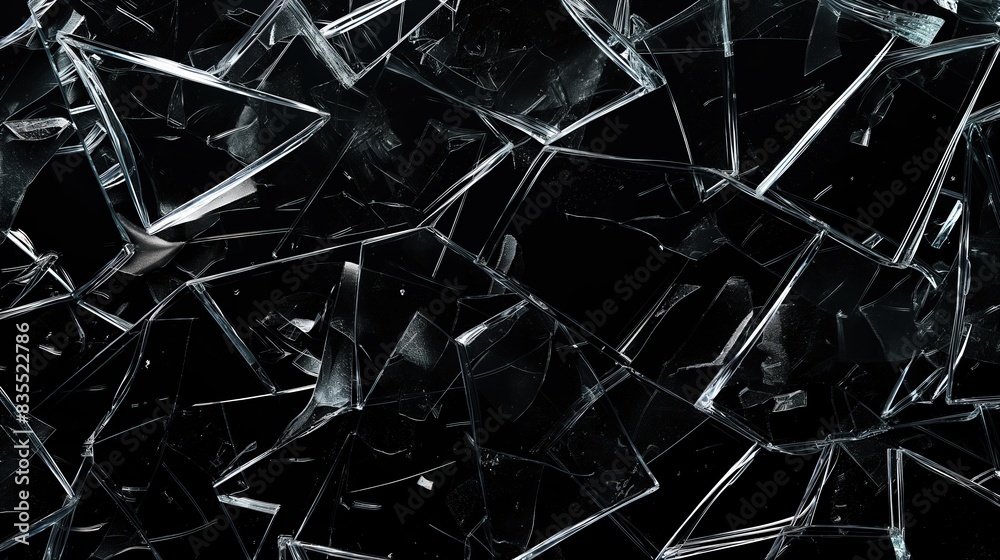 shattered broken glass shards pieces on black background, for overlay ...