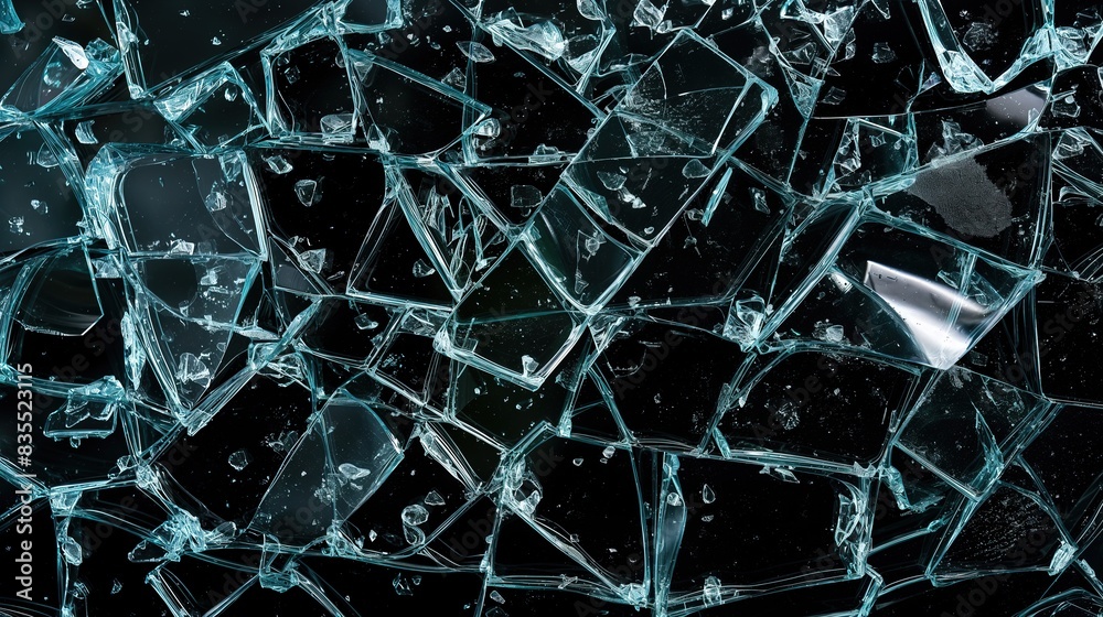 shattered broken glass shards pieces on black background, for overlay ...