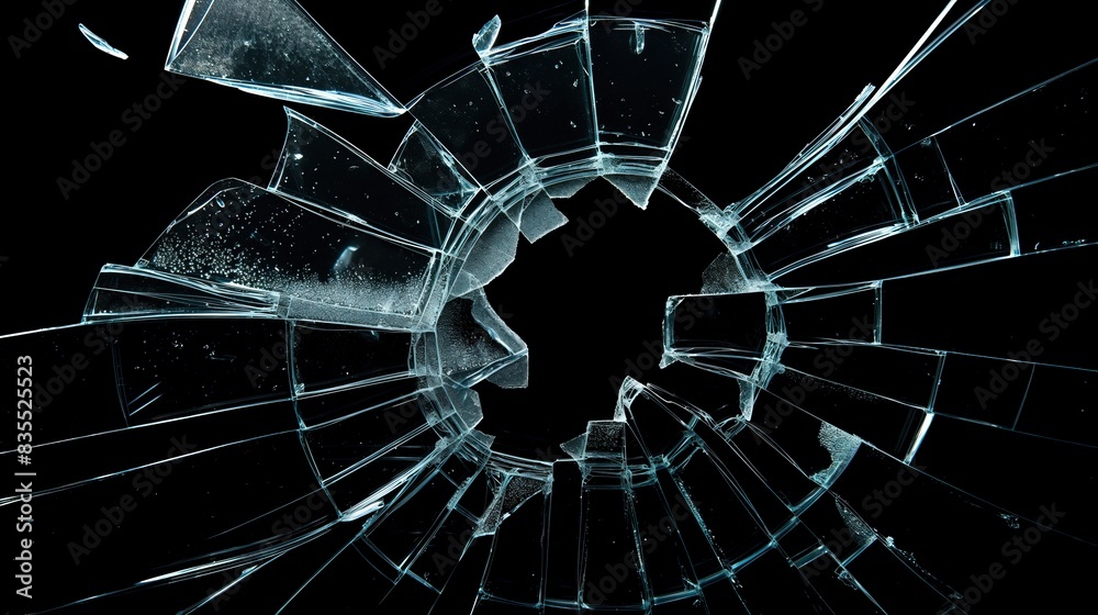 shattered broken glass car window on black background, for overlay and ...